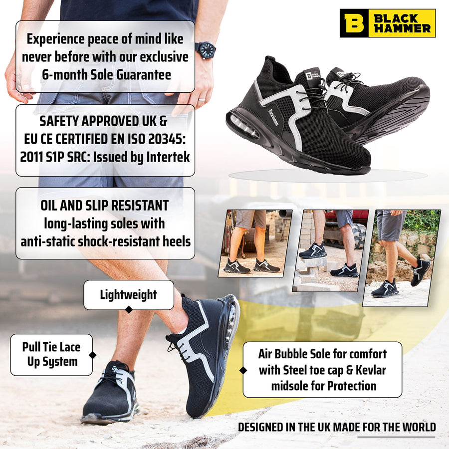 Aero Stride Mens Safety Trainers | Steel Toe Cap | Lightweight Non-Slip Shoes – Black Hammer
