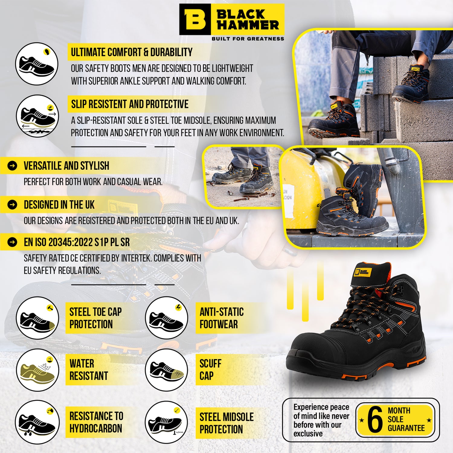 Trooper Men Safety Boot | Steel Toe Cap | S1P SRC Rated – Black Hammer